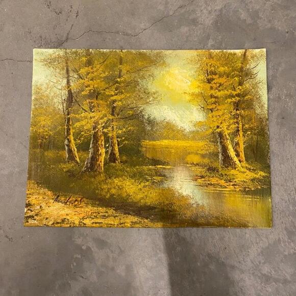 Art | Vintage Oil Painting On Canvas Yellow Fall Trees Autumn River ...